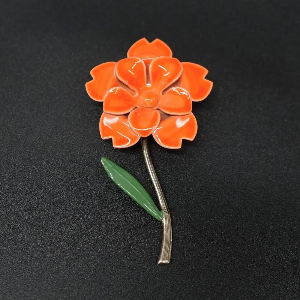 Unbranded | Jewelry | Vintage Mod Orange Enamel 3 In Floral Brooch ...